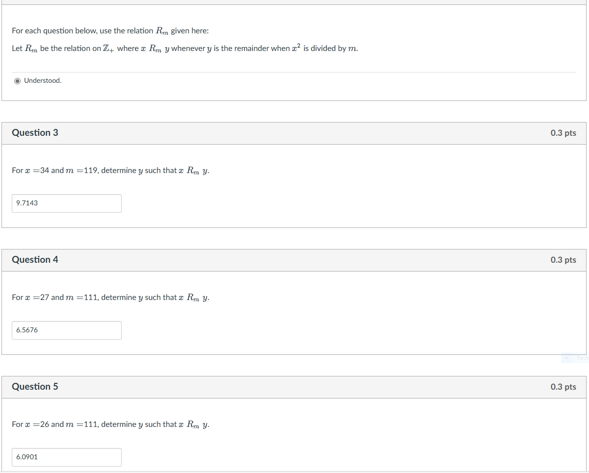 Solved For each question below, use the relation Rm given | Chegg.com