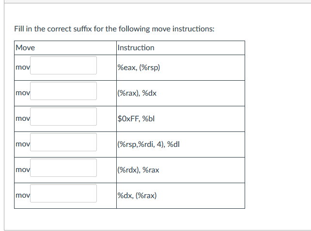 Solved Fill in the correct suffix for the following move | Chegg.com
