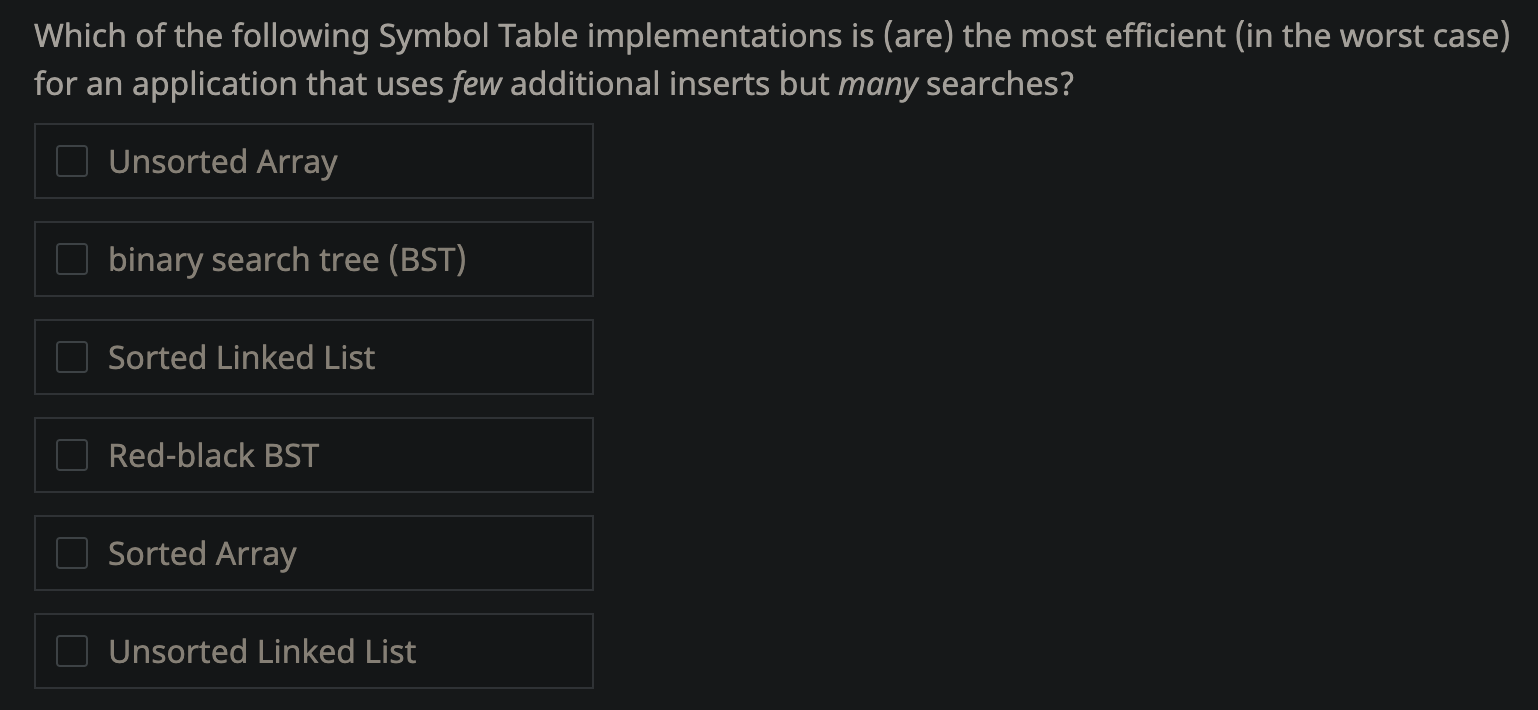 Solved Which of the following Symbol Table implementations | Chegg.com