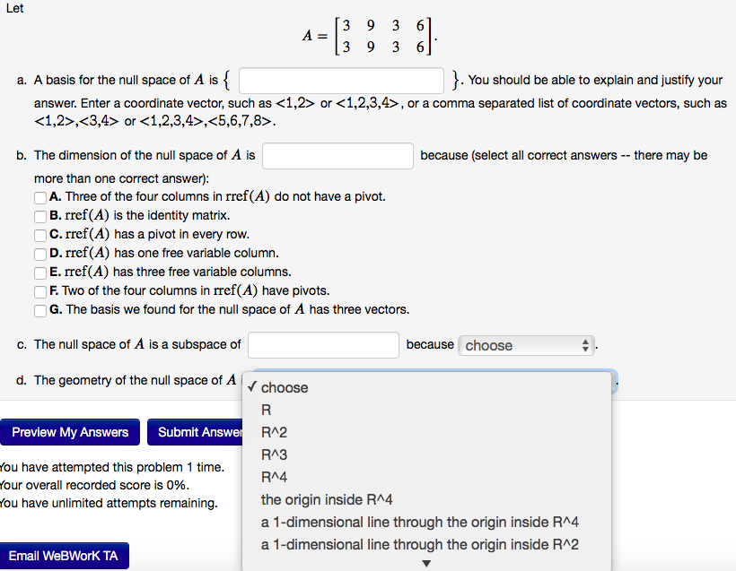Solved Let 3 9 3 6 A= 3 936 6] a. A basis for the null space | Chegg.com