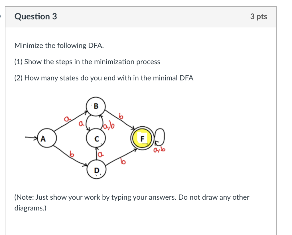 Solved Question 3 3 pts Minimize the following DFA. (1) Show | Chegg.com