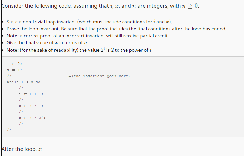 Solved Consider the following code, assuming that i,x, and n | Chegg.com