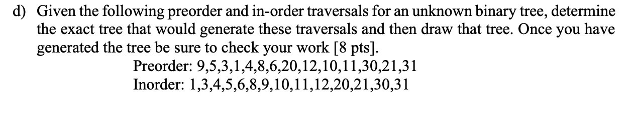Solved d) Given the following preorder and in-order | Chegg.com