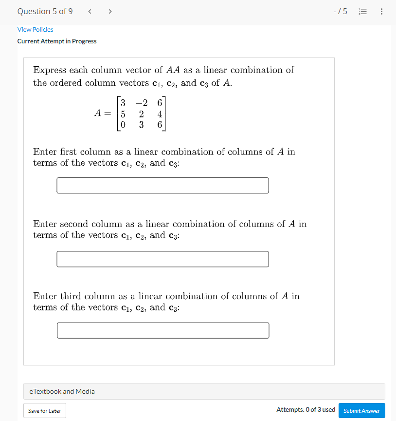 Solved Express each column vector of AA as a linear | Chegg.com