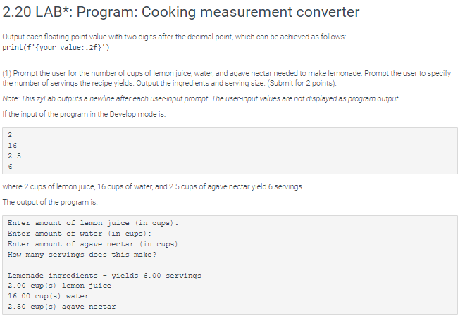 Solved 2.20 LAB*: Program: Cooking measurement converter | Chegg.com