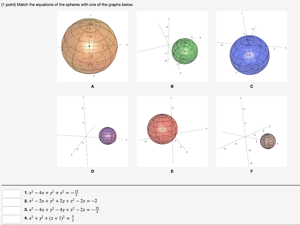 Solved Match the equations of the spheres with one of the | Chegg.com
