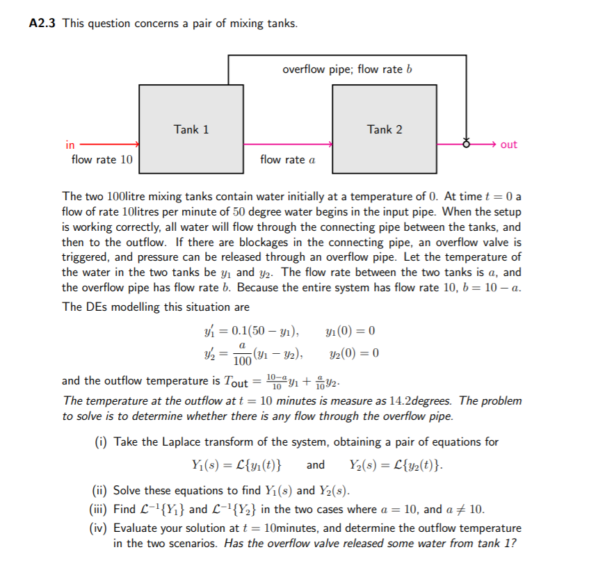 Solved A2.3 This question concerns a pair of mixing tanks. | Chegg.com