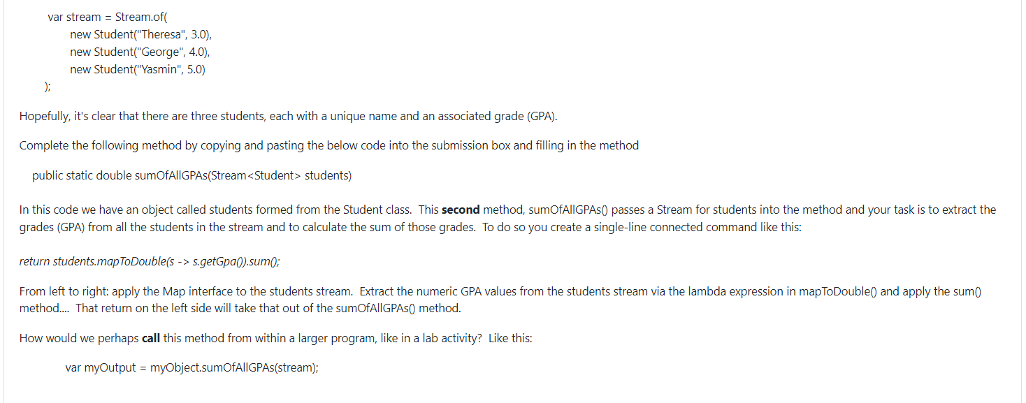 Solved var stream = Stream.of new Student("Theresa", 3.0), | Chegg.com