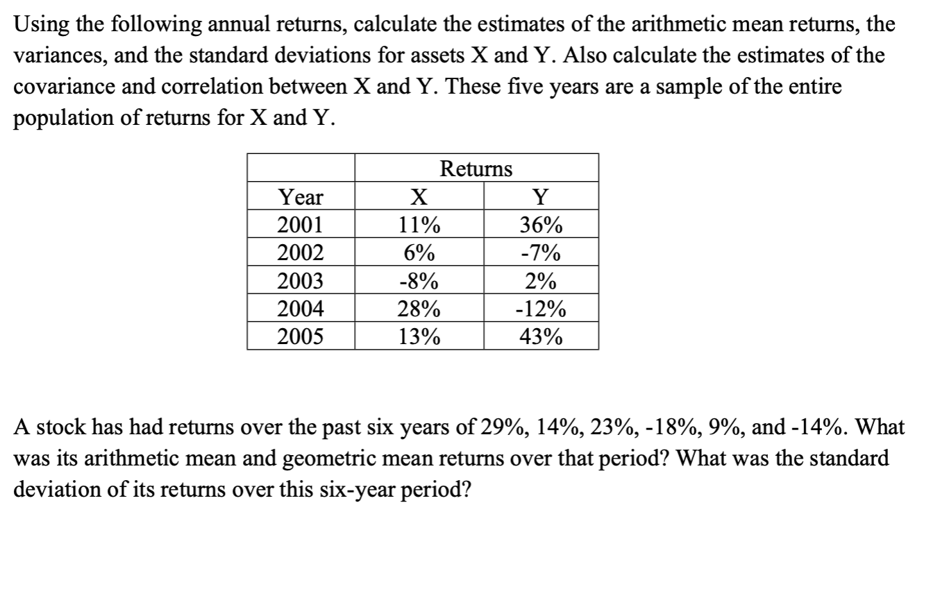 Solved Using the following annual returns, calculate the | Chegg.com