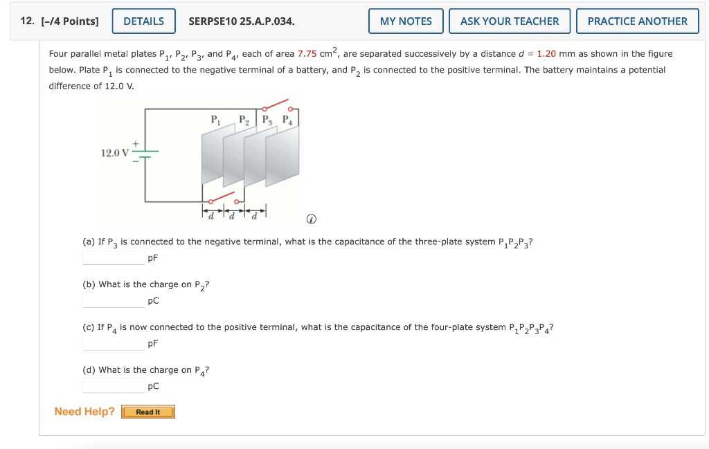 Four parallel metal plates P1,P2,P3′, and P4, each of | Chegg.com