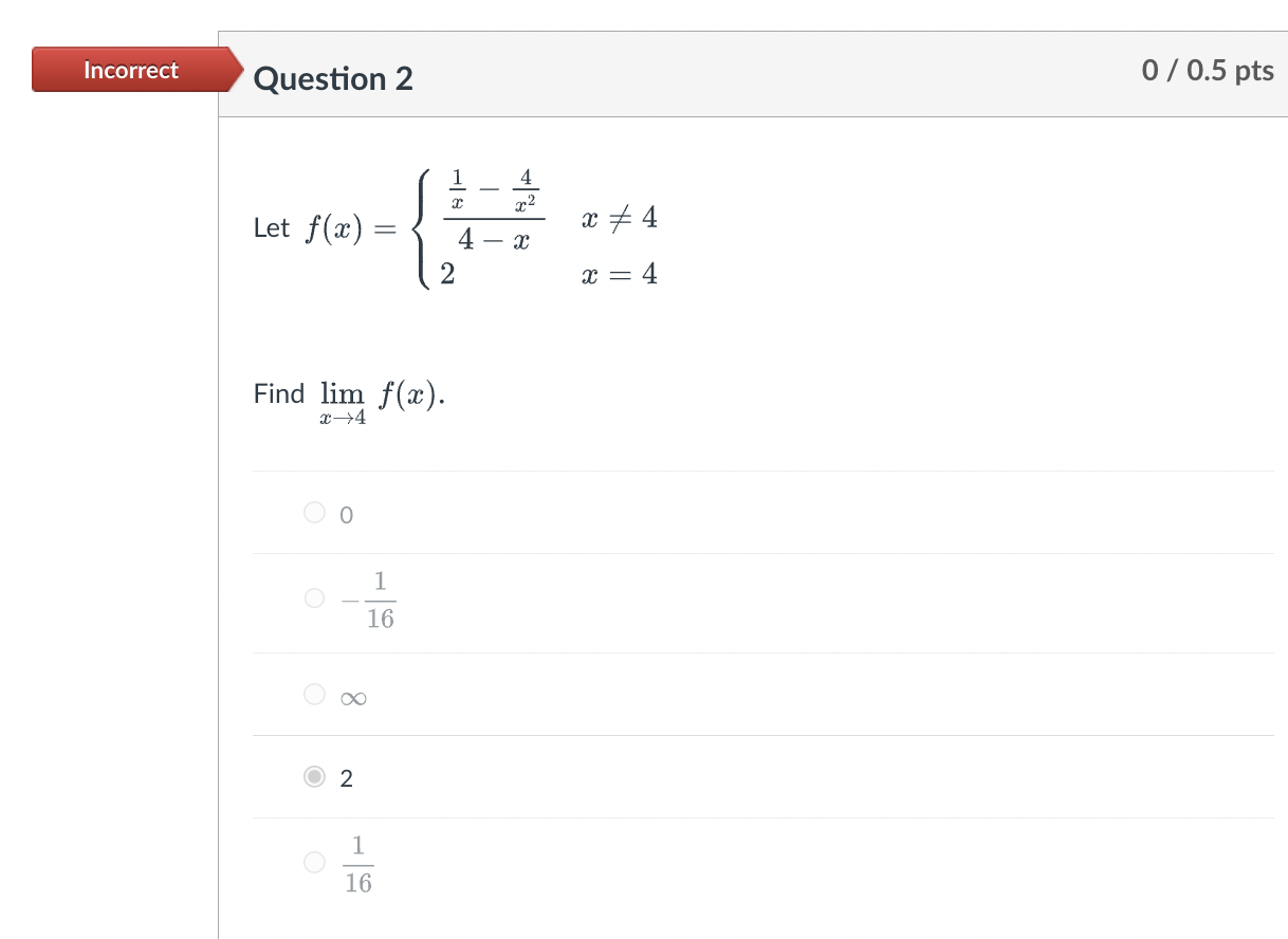 Solved eet f(x)={4−xx1−x242x =4x=4 Find limx→4f(x) 0 −161 ∞ | Chegg.com