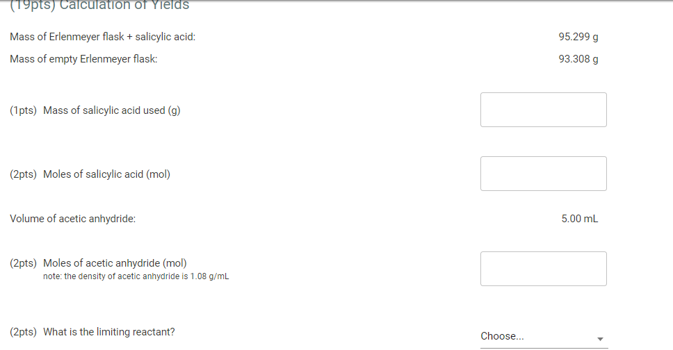 Solved (19pts) Calculation of Yields Mass of Erlenmeyer | Chegg.com