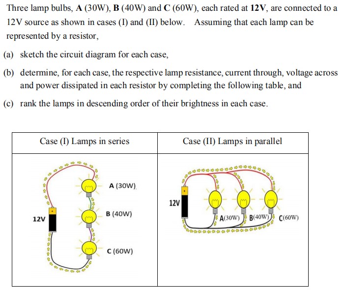 Solved Three lamp bulbs, A (30W), B (40W) and C (60W), each | Chegg.com
