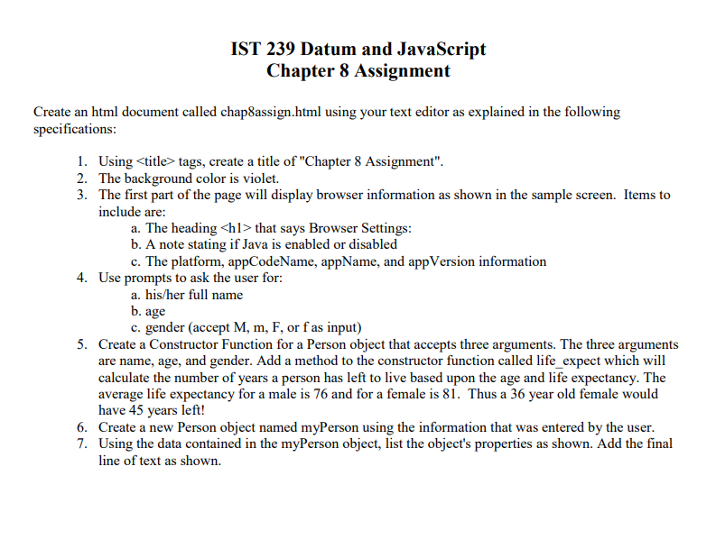 Solved IST 239 Datum and JavaScript Chapter 8 Assignment | Chegg.com