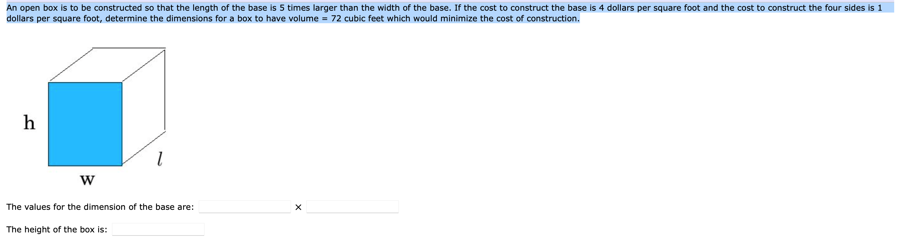 Solved An open box is to be constructed so that the length | Chegg.com
