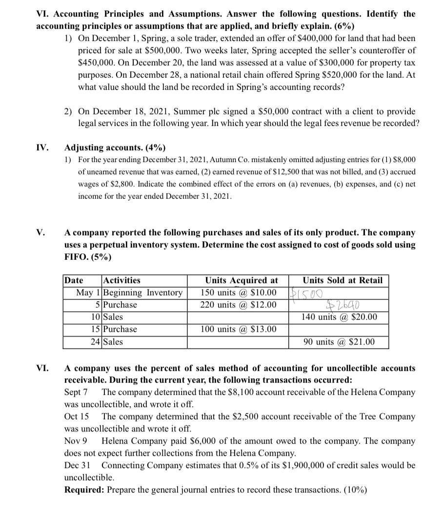 Solved VI. ﻿Accounting Principles and Assumptions. Answer | Chegg.com