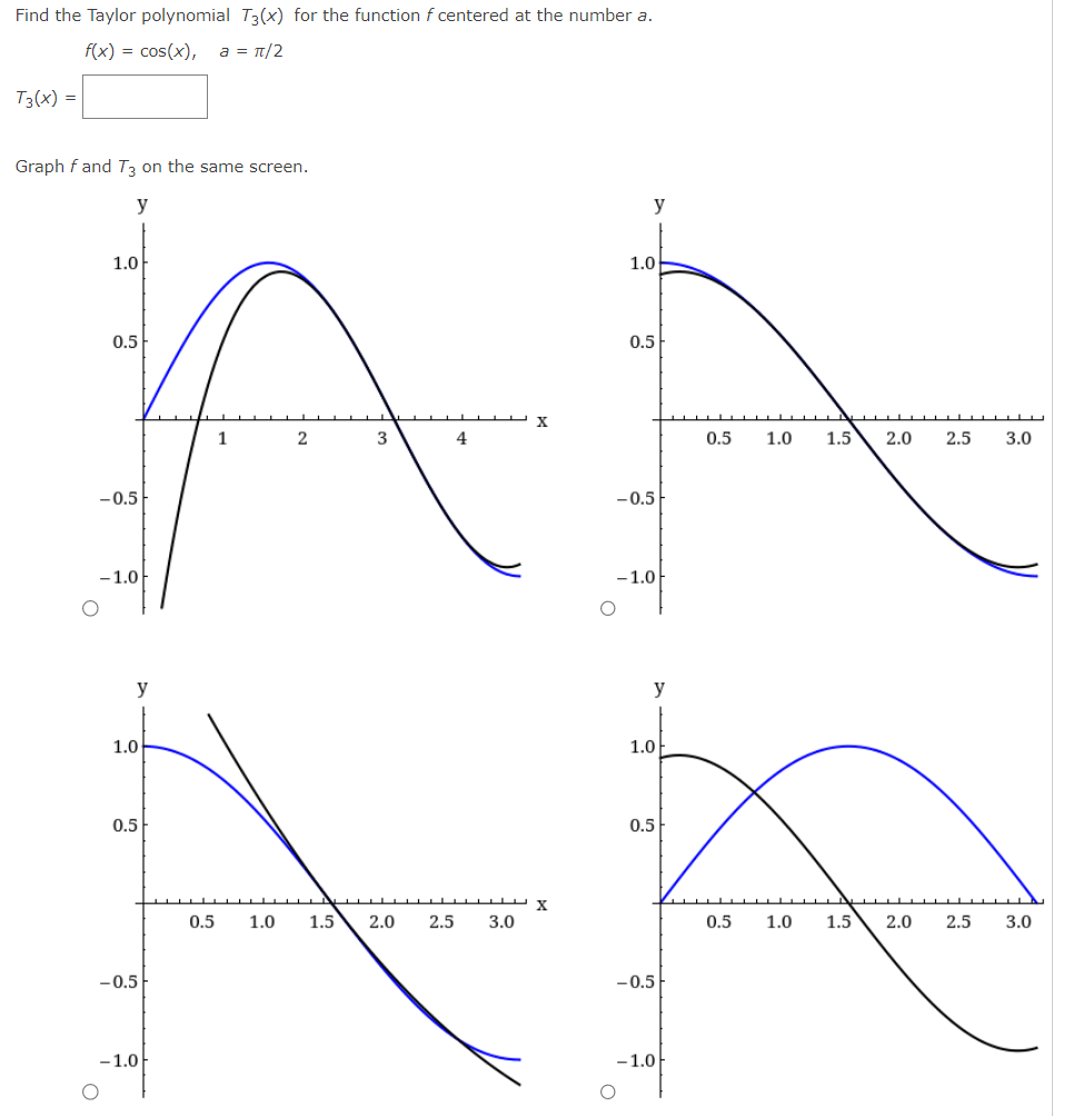 Solved f(x)=cos(x),a=π/2T3(x)= Graph f and T3 on the same | Chegg.com