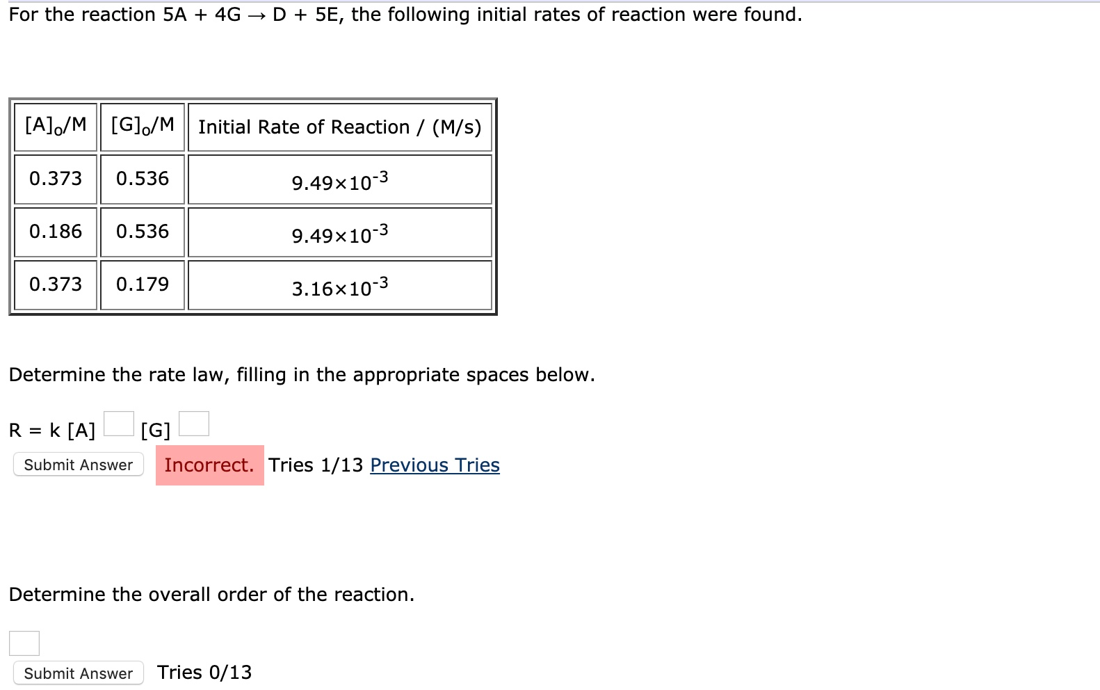 Solved For the reaction 5A + 4G →D + 5E, the following | Chegg.com