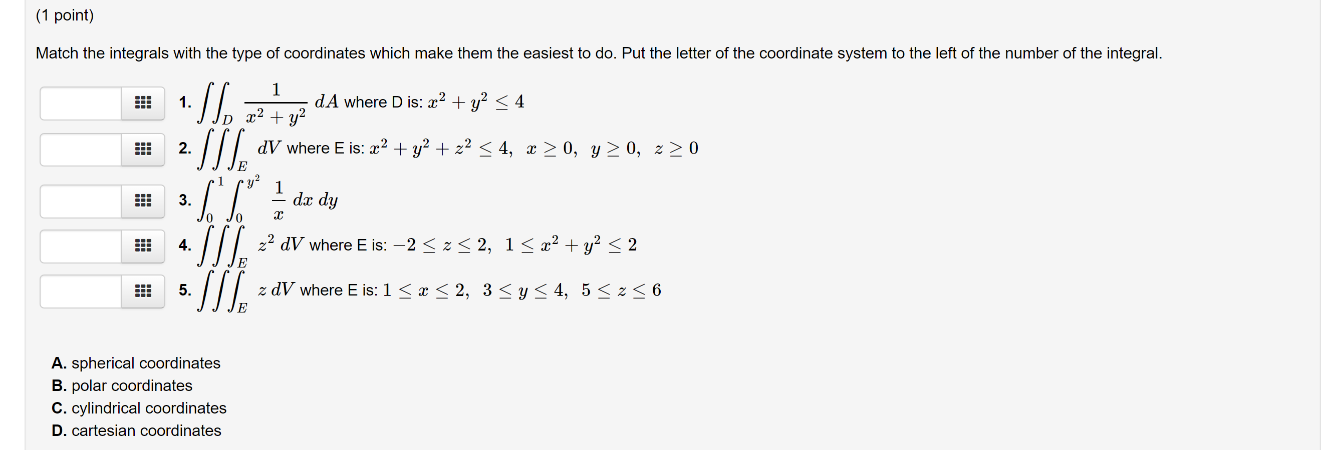 Solved (1 point) Match the integrals with the type of | Chegg.com