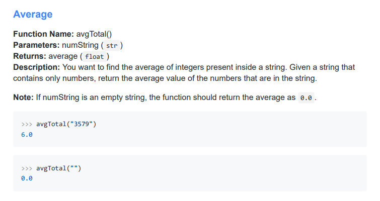 Solved Average Function Name: avg Total() Parameters: | Chegg.com
