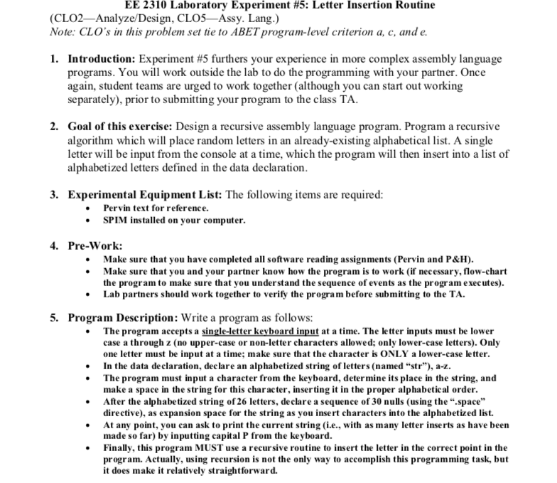 EE 2310 Laboratory Experiment #5: Letter Insertion | Chegg.com