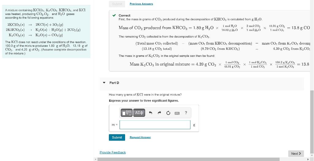 Solved A mixture containing KClO3, K2CO3.KHCO3, and KCl was | Chegg.com
