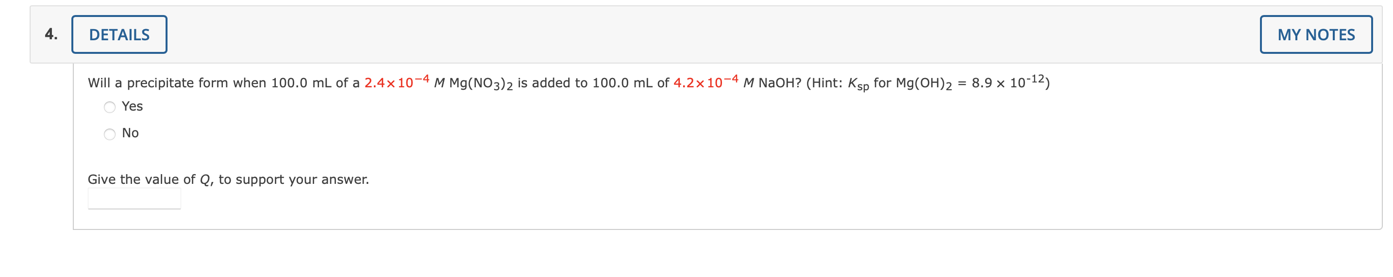 Solved 4. DETAILS MY NOTES Will a precipitate form when | Chegg.com