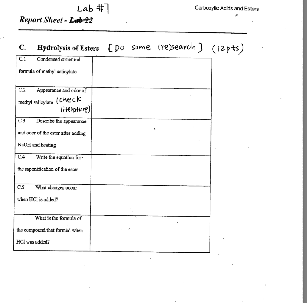 Solved CHM 202L Carboxylic Acids and Esters #7 Report Sheet | Chegg.com