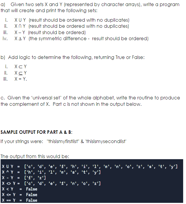 Solved a) Given two sets X and Y (represented by character | Chegg.com