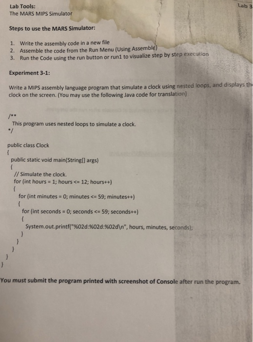 Lab 3 Lab Tools The MARS MIPS Simulator Steps to use | Chegg.com
