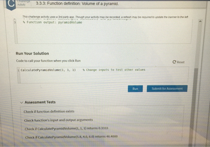 Solved 3.3.3: Function definition: Volume of a pyramid This | Chegg.com