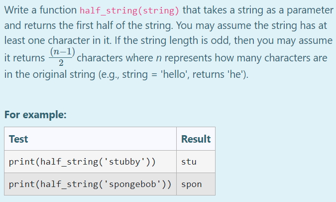 Write A Function Half string string That Takes A Chegg