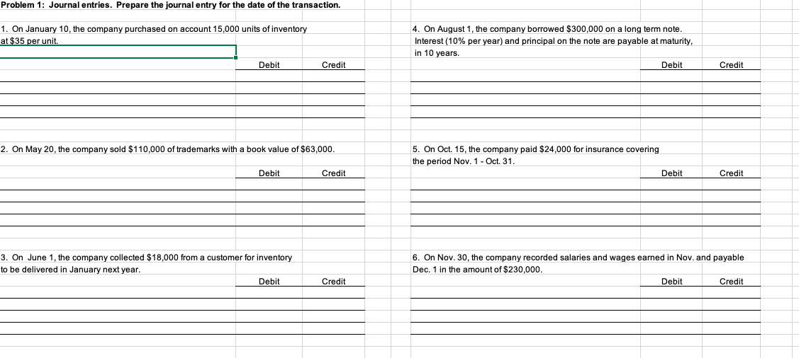 Solved Problem 1: Journal entries. Prepare the journal entry | Chegg.com