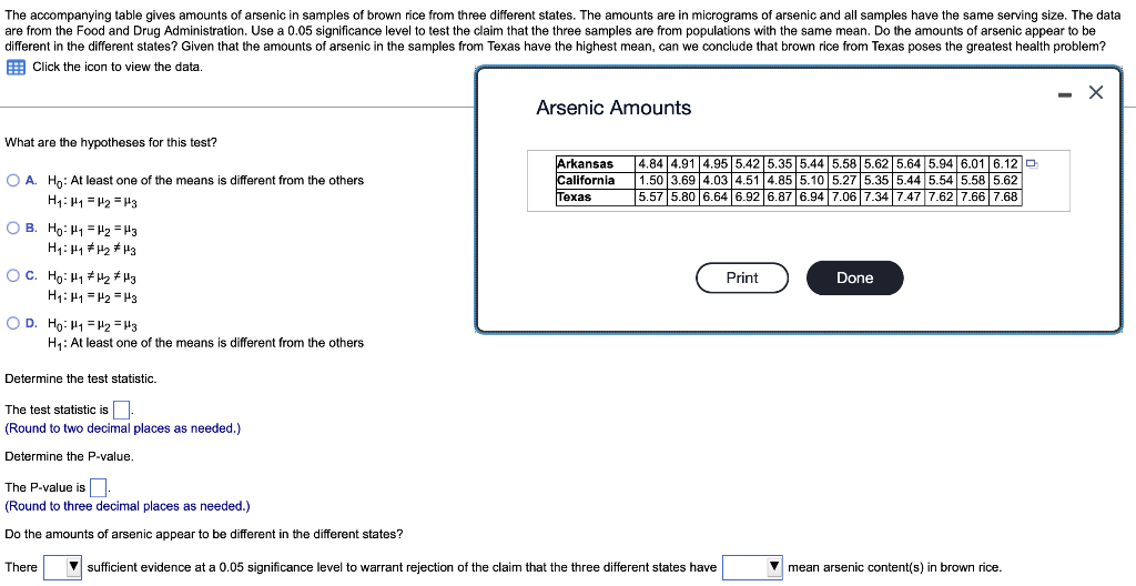 Solved The accompanying table gives amounts of arsenic in | Chegg.com