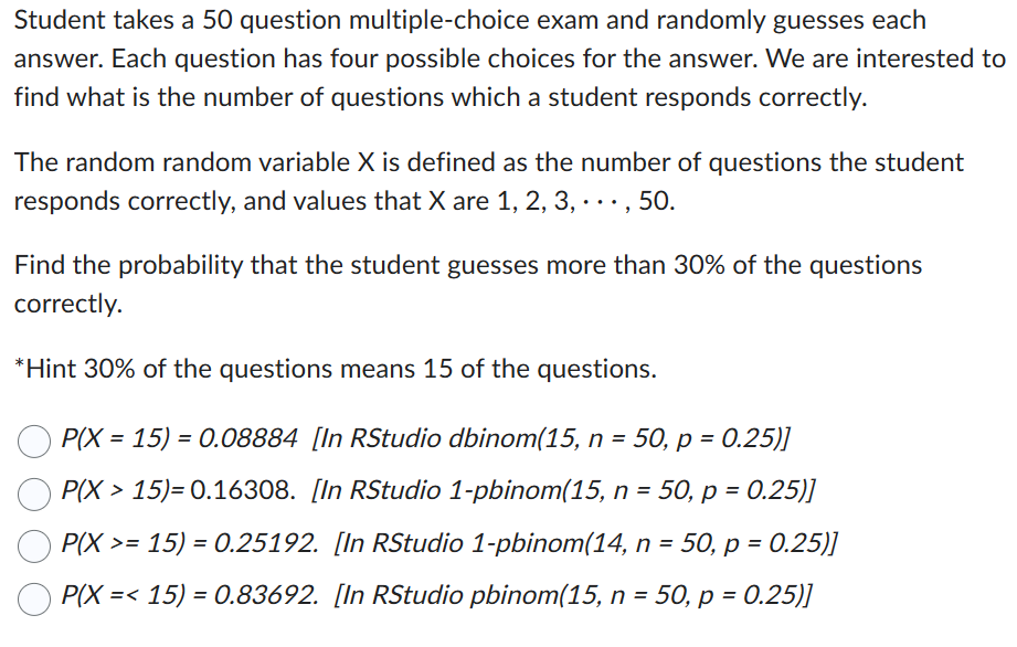 Solved Student takes a 50 question multiple-choice exam and | Chegg.com
