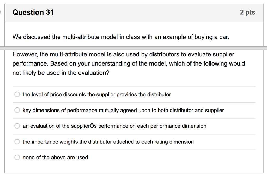 Question 31 2 pts We discussed the multi-attribute | Chegg.com