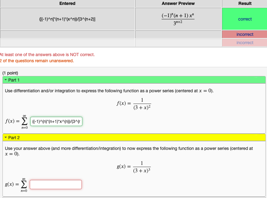 Solved Entered Answer Preview Result (-1)"(n + 1) x" | Chegg.com