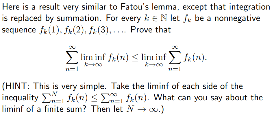 Solved Here is a result very similar to Fatou's lemma, | Chegg.com