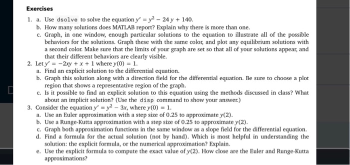 Solved Exercises 1. a. Use dsolve to solve the equation y' | Chegg.com