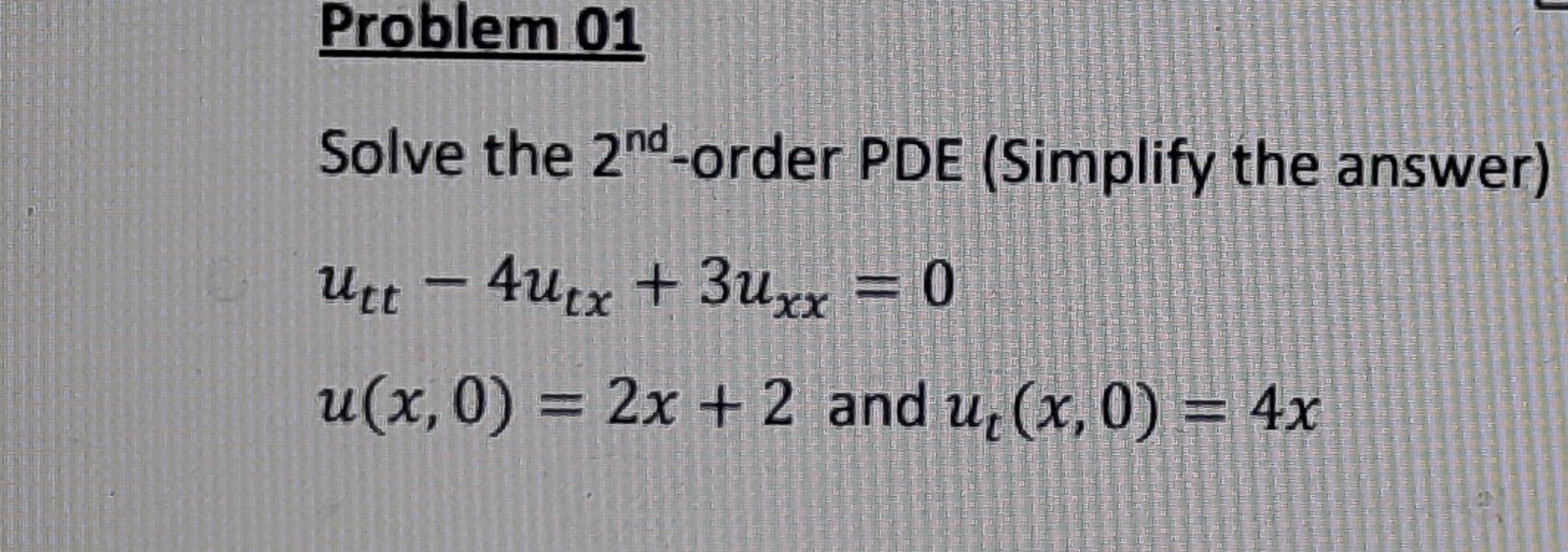 Solved Problem 01 Solve the 2nd-order PDE (Simplify the | Chegg.com