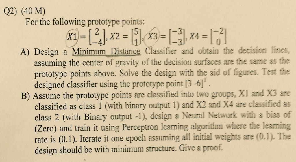 Solved Q2) (40 M) For the following prototype points: X1= | Chegg.com