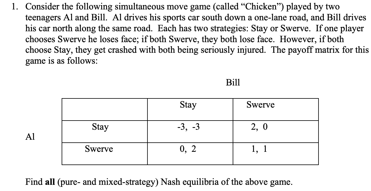 Solved 1. Consider the following simultaneous move game | Chegg.com