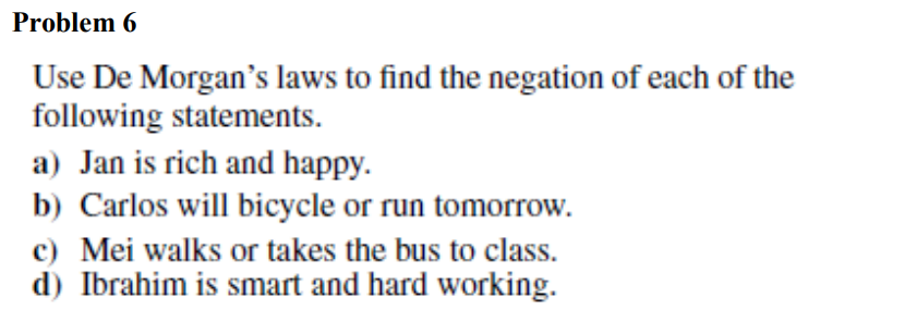 Solved Problem 6 Use De Morgan's laws to find the negation | Chegg.com