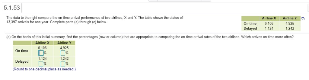 Solved 5.1.53 The data to the right compare the on-time | Chegg.com