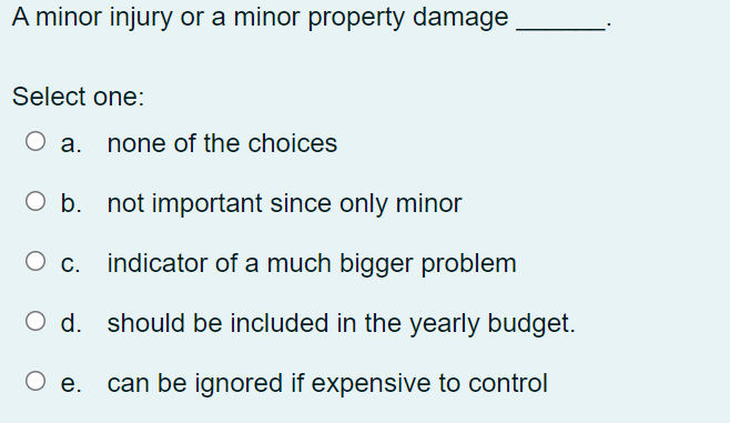 Solved A minor injury or a minor property damage Select one: | Chegg.com