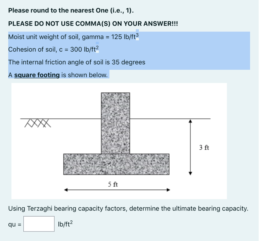 Solved Moist unit weight of soil, gamma = 125 lb/ft3 | Chegg.com