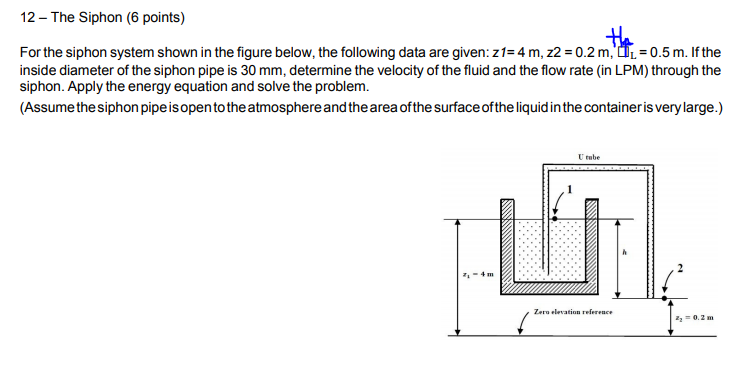 Solved 12 - The Siphon (6 points) For the siphon system | Chegg.com