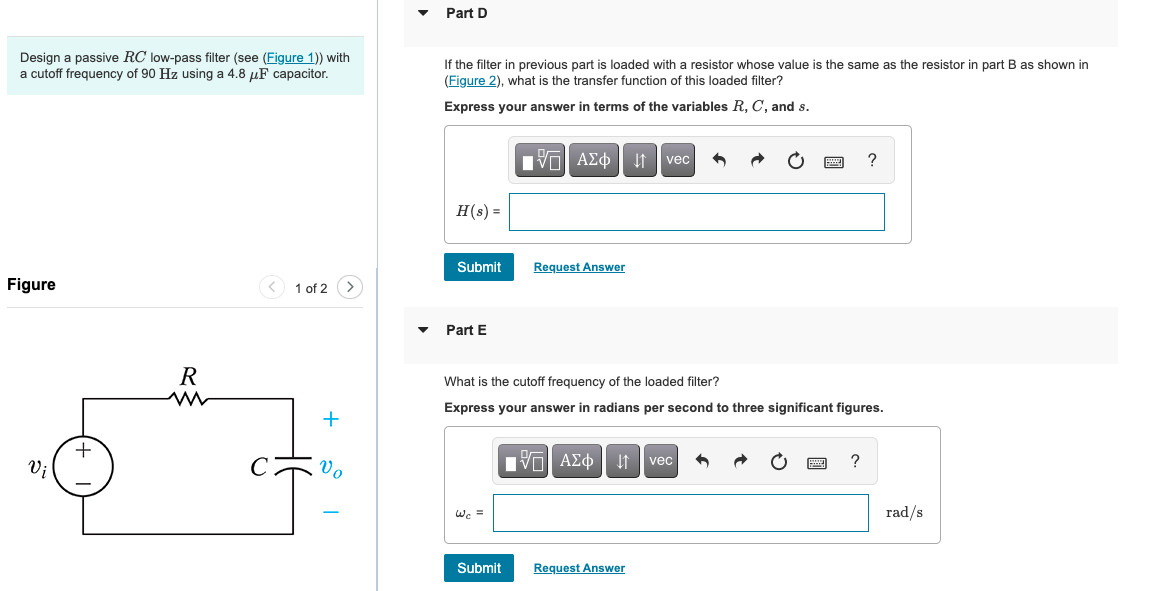 Solved Constants Part D Design a passive RC low-pass filter | Chegg.com