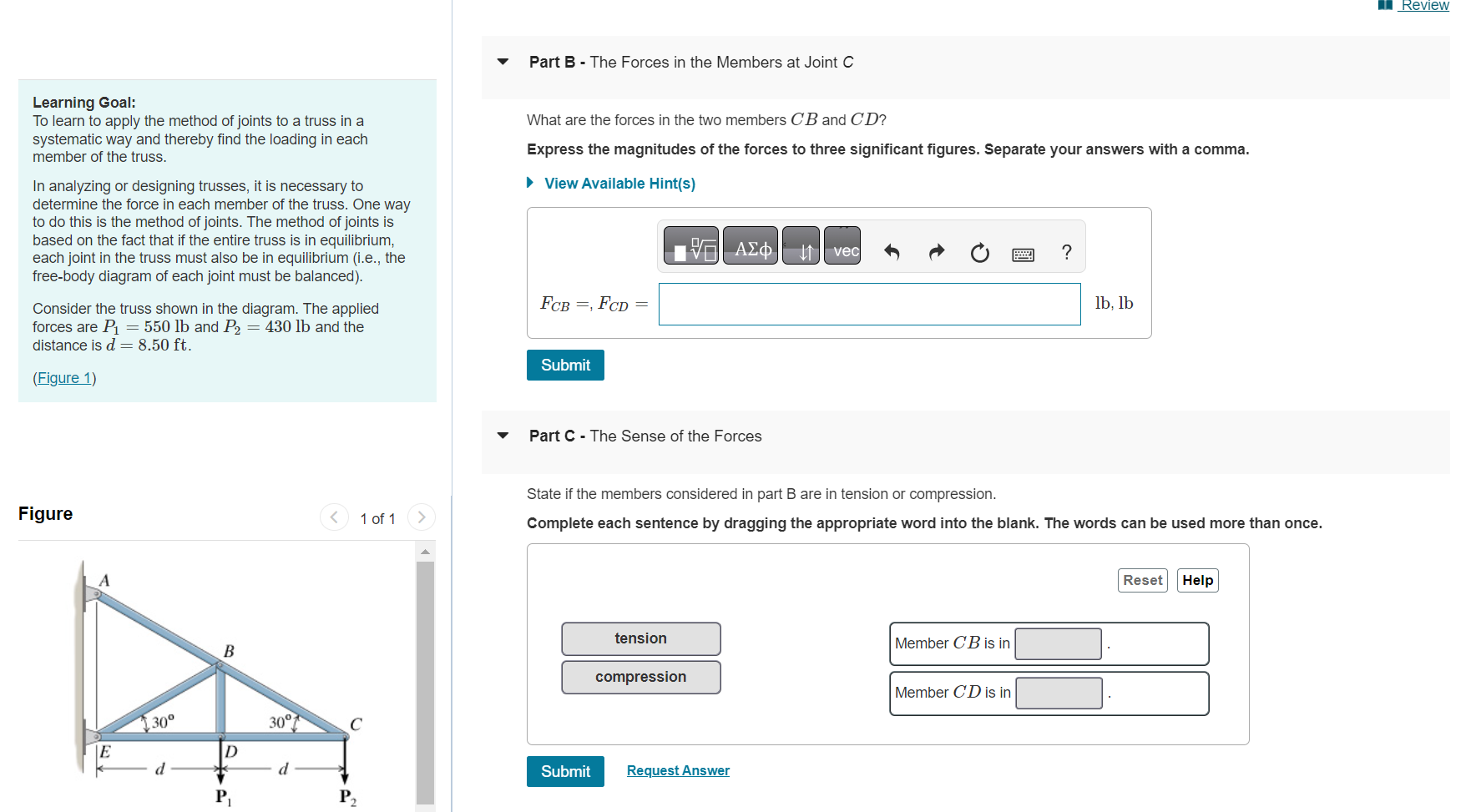 Solved Part B - The Forces in the Members at Joint C | Chegg.com
