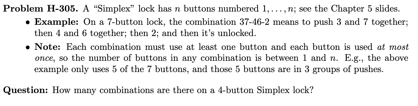 Solved Problem H-305. ﻿A "Simplex" lock has n ﻿buttons | Chegg.com